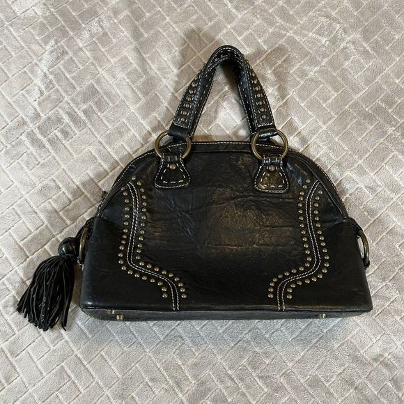 Junior Drake | Bags | Juniordrakemedium Satchel Hand Bag Black Leather Brass Studded Biker ...